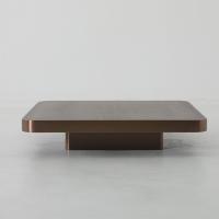 China Stainless Steel Square Coffee Table 900mm Rose Gold Satin Walnut Veneer Top Metal Legs for sale