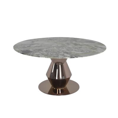 China Rose Gold Stainless Steel Dining Table 1500mm Marble Top Shiny Finish Restaurant Furniture for sale
