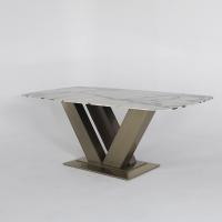 China Brushed Grey Marble Dining Table Rose Gold Metal Rectangle Patio Table for sale