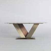China Brushed Grey Marble Dining Table Rose Gold Metal Rectangle Patio Table for sale