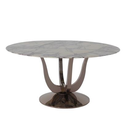 China Round Marble Top Dining Table 1300mm Shiny Rose Gold Stainless Steel Base for sale