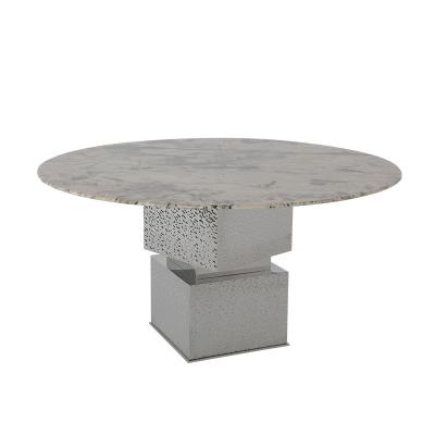 China Matte Silver Stainless Steel Round Dining Table 1500mm Marble Top Wave Panel for sale