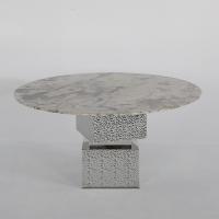 China Matte Silver Stainless Steel Round Dining Table 1500mm Marble Top Wave Panel for sale