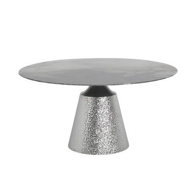China Round Stainless Steel Dining Table 1500mm Natural Marble Top Matt Silver Wave Panel for sale