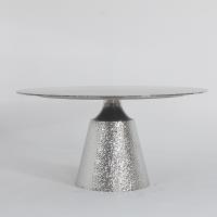 China Round Stainless Steel Dining Table 1500mm Natural Marble Top Matt Silver Wave Panel for sale