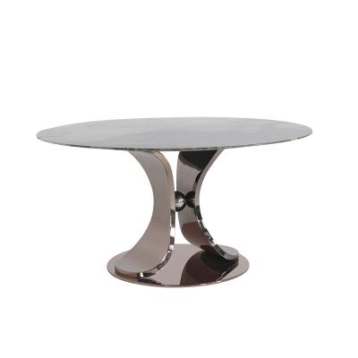 China Rose Gold Stainless Steel Dining Table 1500mm Marble Top Metal Legs Round for sale