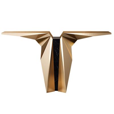 China Stainless Steel Console Table Angel Wing Shape 1300mm Brushed Gold Metal Base for Hotel Villa Living Room for sale