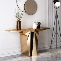 China Stainless Steel Console Table Angel Wing Shape 1300mm Brushed Gold Metal Base for Hotel Villa Living Room for sale