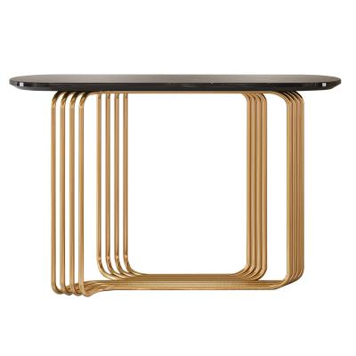 China Rectangle Stainless Steel Console Table 1500x400x800mm Brushed Gold Metal Wall Table for Hotel Villa Living Room for sale