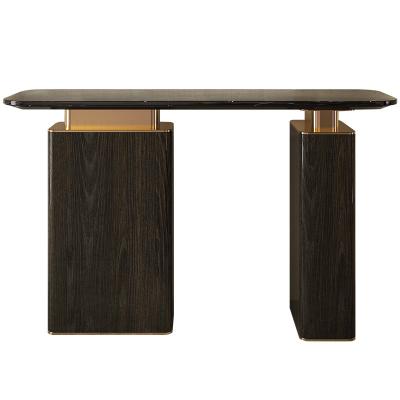 China Walnut Veneer Console Table 1200x400x850mm Black Marble Top Brass Gold Base for sale