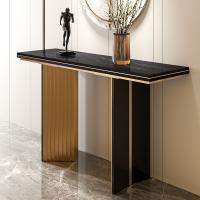 China Stainless Steel Console Table 1200mm Dark Oak Legs Brass Gold Base Marble Top Villa Living Room for sale