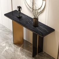 China Stainless Steel Console Table 1200mm Dark Oak Legs Brass Gold Base Marble Top Villa Living Room for sale