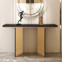 China Stainless Steel Console Table 1200mm Dark Oak Legs Brass Gold Base Marble Top Villa Living Room for sale