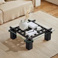 China Oak Glass Top Coffee Table 920x920x300mm Square Wood Base Side Table for sale
