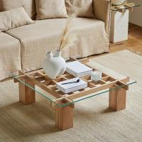 China Oak Glass Top Coffee Table 920x920x300mm Square Wood Base Side Table for sale