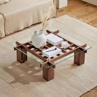 China Oak Glass Top Coffee Table 920x920x300mm Square Wood Base Side Table for sale