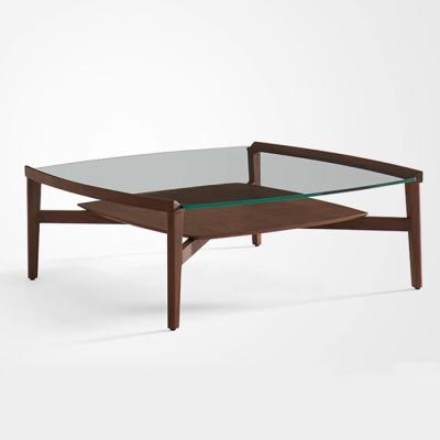 China Oak Veneer Square Coffee Table 1000mm Clear Glass Top Wood Base Matt Finish for sale