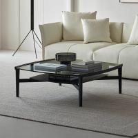 China Oak Veneer Square Coffee Table 1000mm Clear Glass Top Wood Base Matt Finish for sale