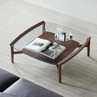 China Oak Veneer Square Coffee Table 1000mm Clear Glass Top Wood Base Matt Finish for sale