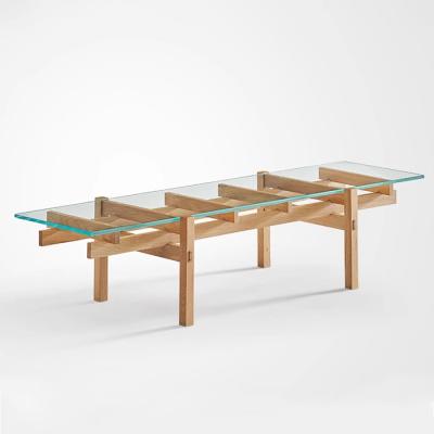 China Rectangle Oak Veneer Coffee Table 1600x500x350mm Clear Glass Top Wood Legs Living Room Hotel for sale
