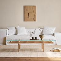 China Rectangle Oak Veneer Coffee Table 1600x500x350mm Clear Glass Top Wood Legs Living Room Hotel for sale