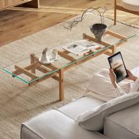 China Rectangle Oak Veneer Coffee Table 1600x500x350mm Clear Glass Top Wood Legs Living Room Hotel for sale