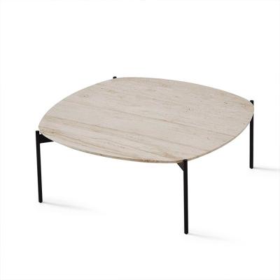 China Iron Finish Central Coffee Table Black Satin Natural Travertine Top Metal Legs 1000x1000x380mm for sale
