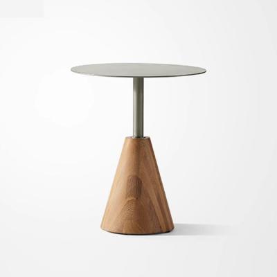 China Oak Veneer Round End Table Iron Panel Top Solid Wood Legs Side Table 450mm Dia 530mm Height for sale
