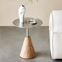 China Oak Veneer Round End Table Iron Panel Top Solid Wood Legs Side Table 450mm Dia 530mm Height for sale