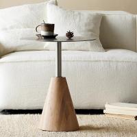 China Oak Veneer Round End Table Iron Panel Top Solid Wood Legs Side Table 450mm Dia 530mm Height for sale