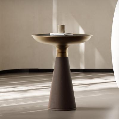 China Oak Veneer Round End Table 400mm Black Glass Top Solid Wood Legs Small Side Table for sale