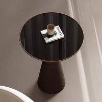 China Oak Veneer Round End Table 400mm Black Glass Top Solid Wood Legs Small Side Table for sale