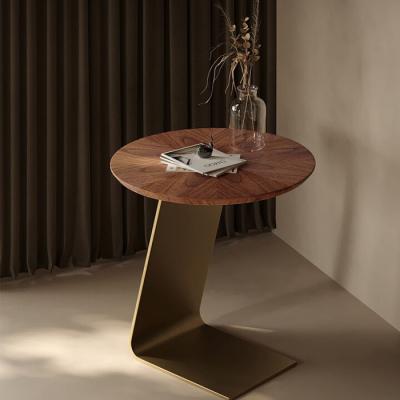 China Walnut Veneer Round End Table 500mm Brushed Gold Stainless Steel Base Living Room for sale