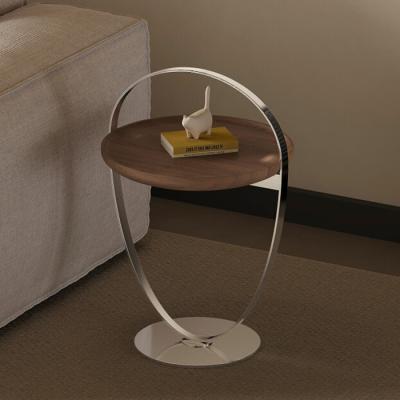 China Walnut Veneer End Table 490mm Diameter Brushed Silver Metal Legs for sale