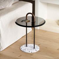 China Round Glass Side Table 450mm Stainless Steel Gun Black Metal Base Custom for sale