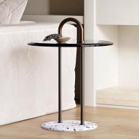 China Round Glass Side Table 450mm Stainless Steel Gun Black Metal Base Custom for sale
