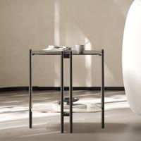 China Brushed Square End Table Silver Grey Glass Top Metal End Table for sale