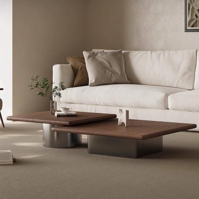 China Walnut Wood Coffee Table Square 1000x1000mm with Stainless Steel Base Natural Dark Walnut for sale