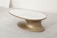 China Oval Natural Marble Top Dining Table 1400x750mm Brushed Gold Stainless Steel Base for sale