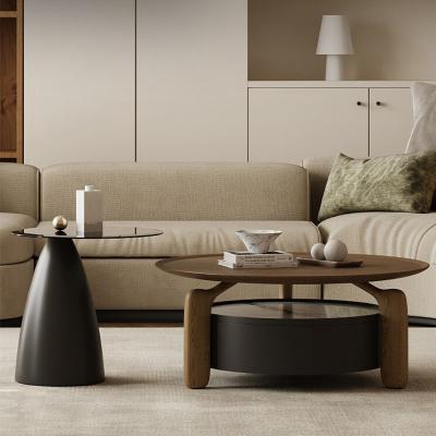 China Walnut Veneer Round Coffee Table 900mm Natural Wood Top Solid Wood Legs for Living Room Hotel for sale
