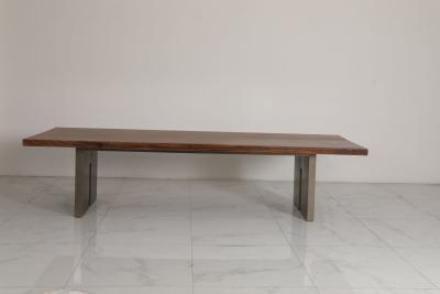 China Contemporary Wood Top Dining Table with Stainless Steel Base Bronze Finish Customizable for sale