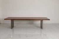 China Contemporary Wood Top Dining Table with Stainless Steel Base Bronze Finish Customizable for sale