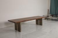 China Contemporary Wood Top Dining Table with Stainless Steel Base Bronze Finish Customizable for sale