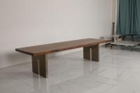China Contemporary Wood Top Dining Table with Stainless Steel Base Bronze Finish Customizable for sale