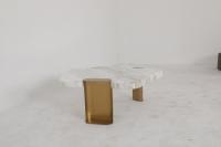 China Brushed Gold Stainless Steel Coffee Table with Natural Marble Top 80cm for sale
