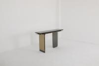 China Customized Stainless Steel Console Table with Oak Top 120cm Modern Entryway Furniture for sale
