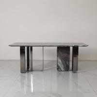 China Matte Rectangle Metal Dining Table Champagne Gold Marble Dining Room Table for sale