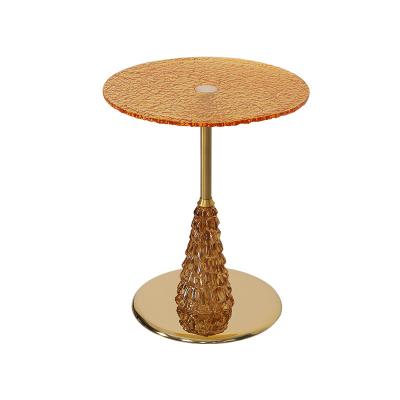 China Wave Tea Color Glass Top End Table Stainless Steel Gold Base 450x520mm Modern Side Table for sale