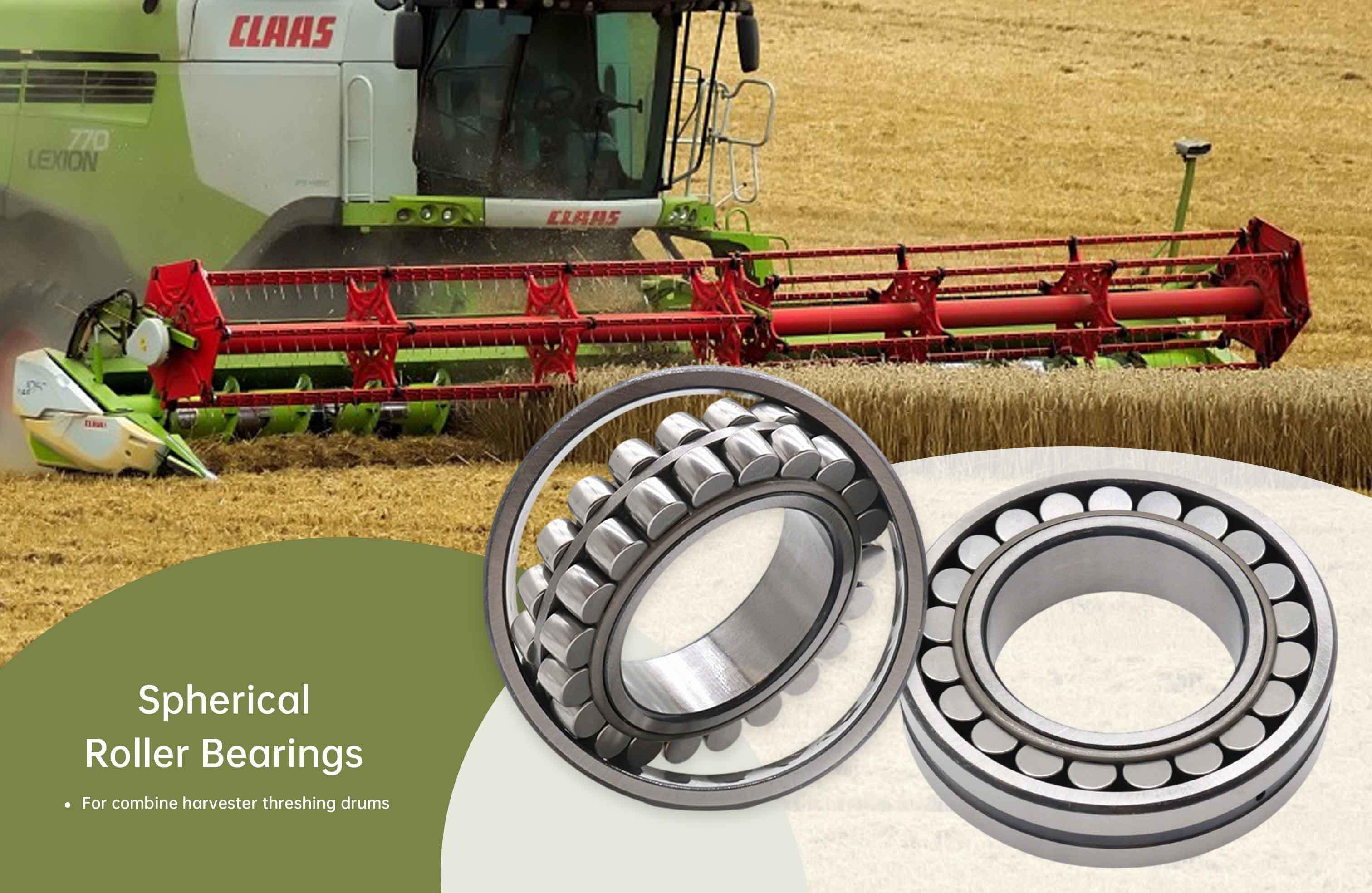 Sealed spherical roller bearing used in combine harvesters and tractors, showing heavy-load and misalignment-compensation capabilities.