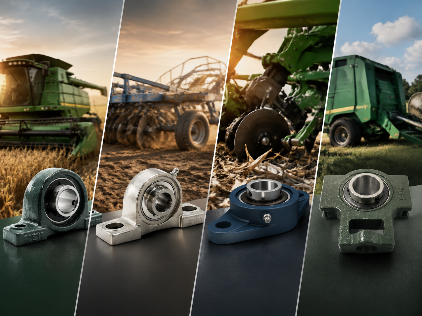 Pillow block bearing units for agricultural machinery: UCP for combine threshing drum, SSUCP for sprayer boom hinge, UCFL for planter seed shaft, UCT for grain auger conveyor